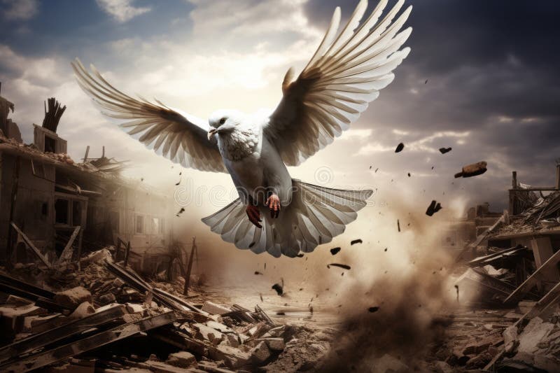 A White Peace Dove Flying through a City War Zone during a Conflict ...