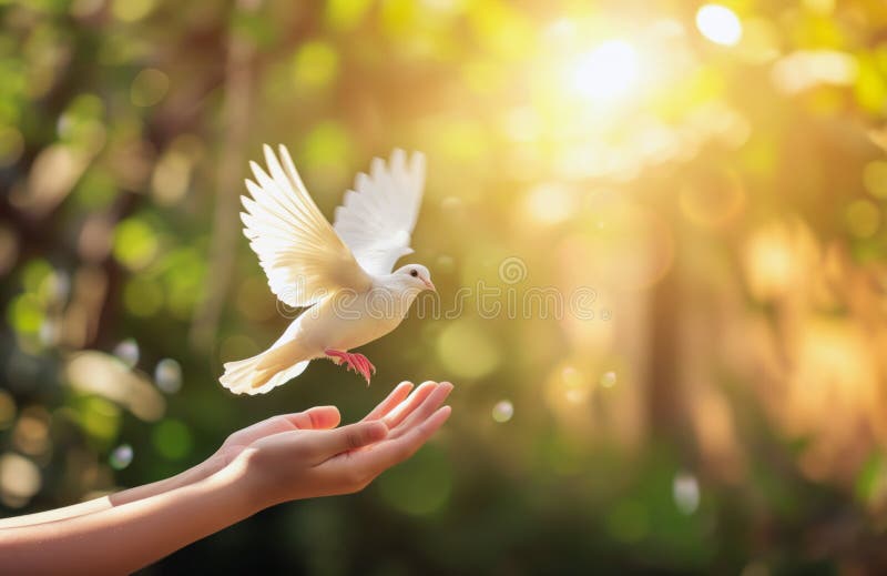 White Peace Dove Flying To the Human Hands. Earth Day and Environmental ...