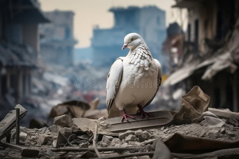 A White Peace Dove Sat on Rubble in a Destroyed City during a War Stock ...