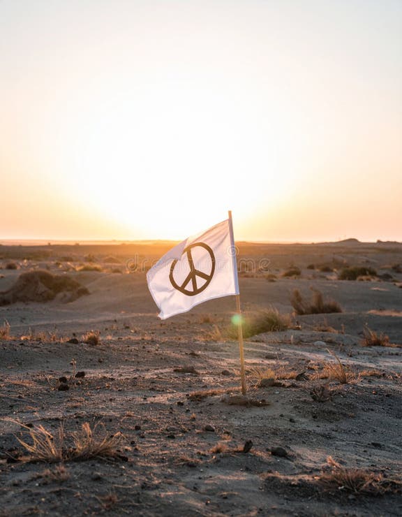 A White Peace Flag Planted on a Desolate, Empty Battlefield at Sunrise ...