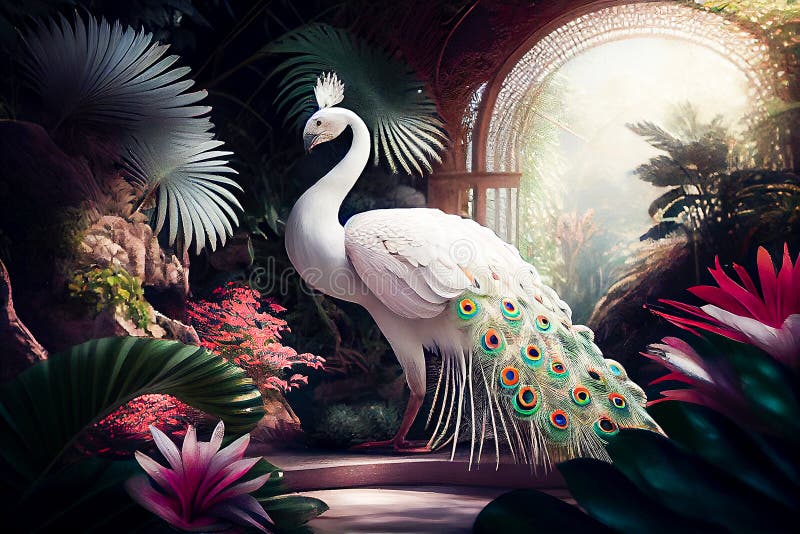 White Peacock In A Fantasy Tropical Garden Generative Ai Illustration Stock Illustration