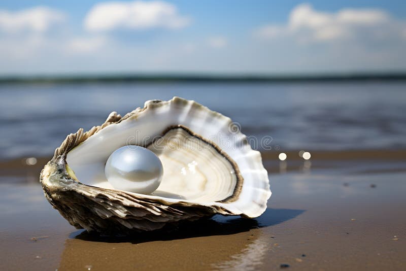 White Pearl in Oyster Shell at Sand Beach Stock Illustration ...