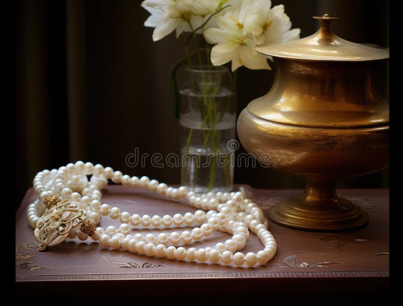 White Pearl Necklace on Display, Stock Image - Image of silver, vintage ...