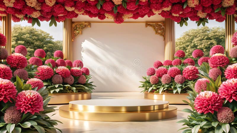 White Pedestal with Golden Base Surrounded by Pink Flowers Stock ...