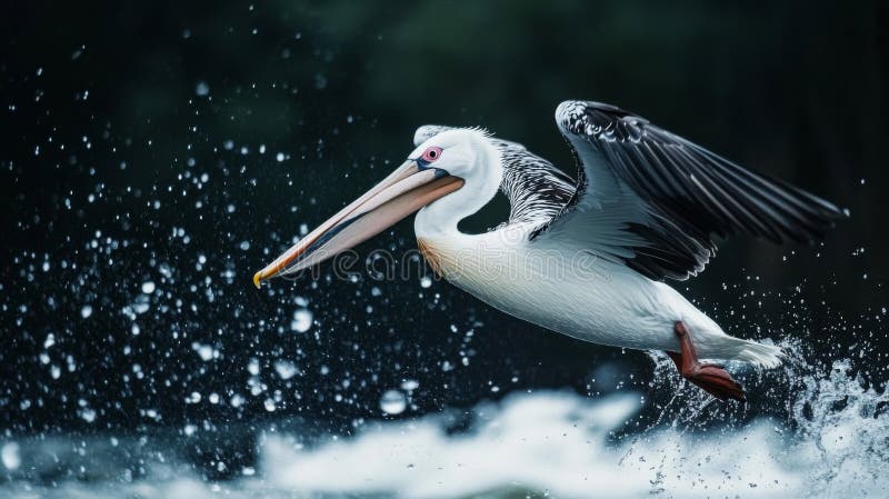 White Pelican in Flight Over Dark Water Stock Illustration ...