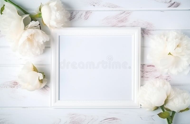 White Peonies with Empty White Frame. Generative Ai Stock Illustration ...