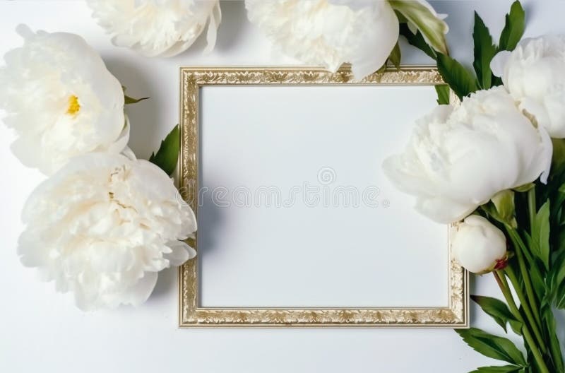 White Peonies with Empty Golden Frame. Generative Ai Stock Illustration ...