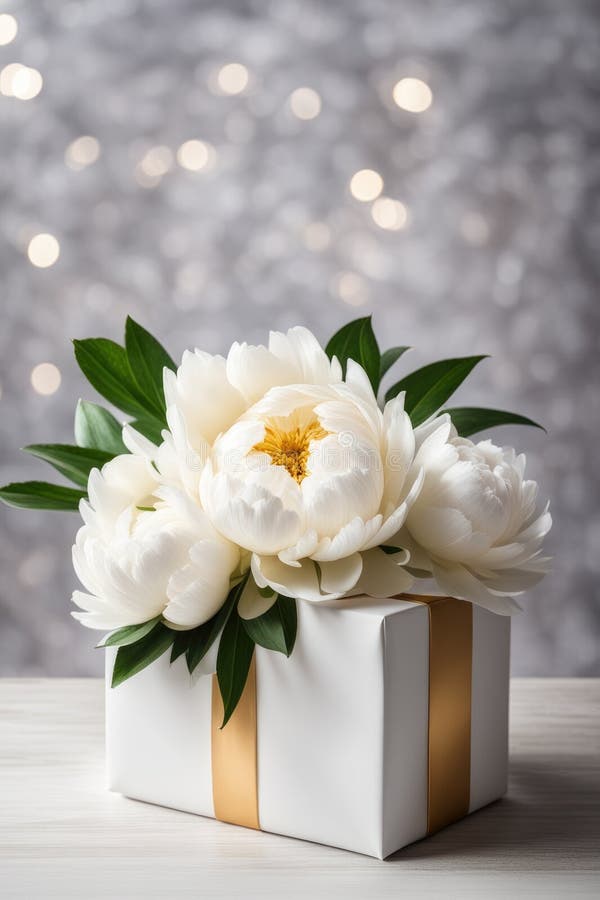 White Peonies and Gift Box with Bokeh Stock Image - Image of wrapped ...