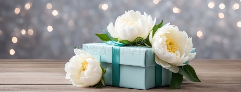 White Peonies and Gift Box with Bokeh Stock Photo - Image of surprise ...
