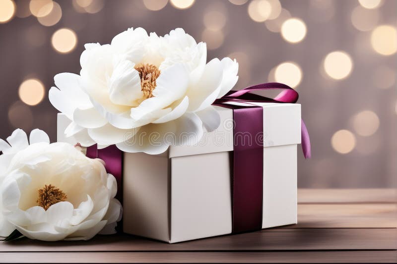 White Peonies and Gift Box with Bokeh Stock Image - Image of background ...