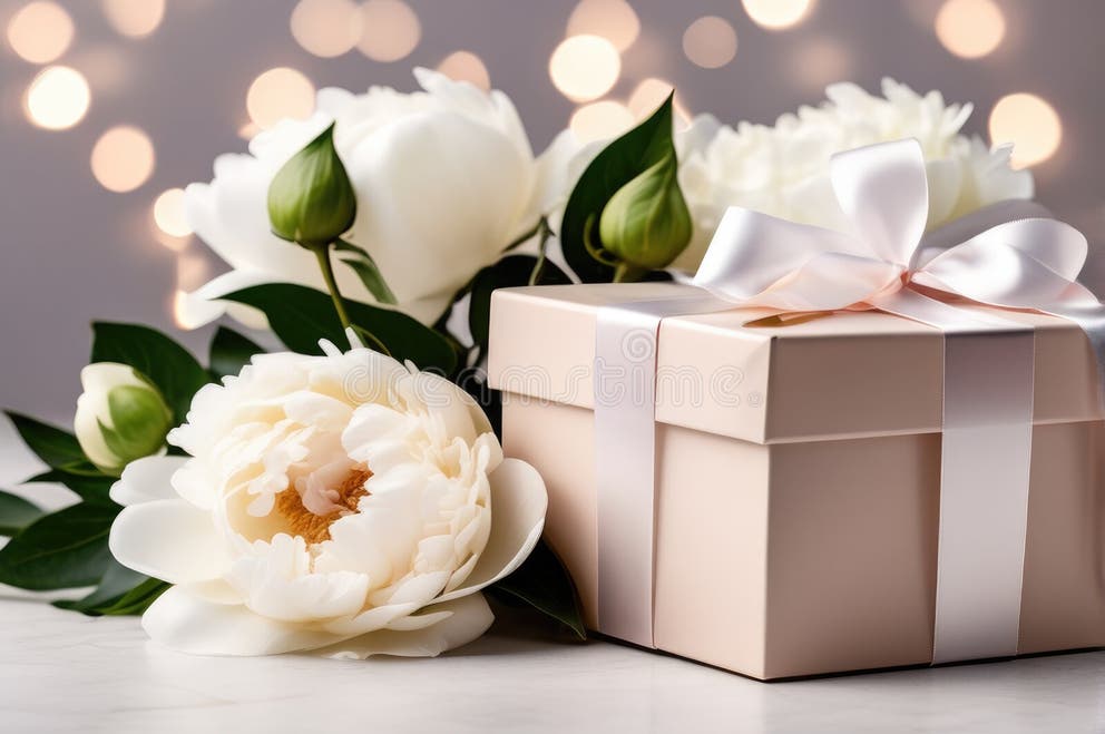 White Peonies and Gift Box with Bokeh Stock Photo - Image of bokeh ...