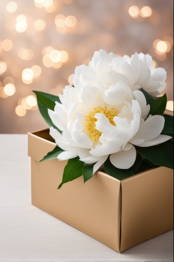 White Peonies and Gift Box with Bokeh Stock Photo - Image of luxury ...