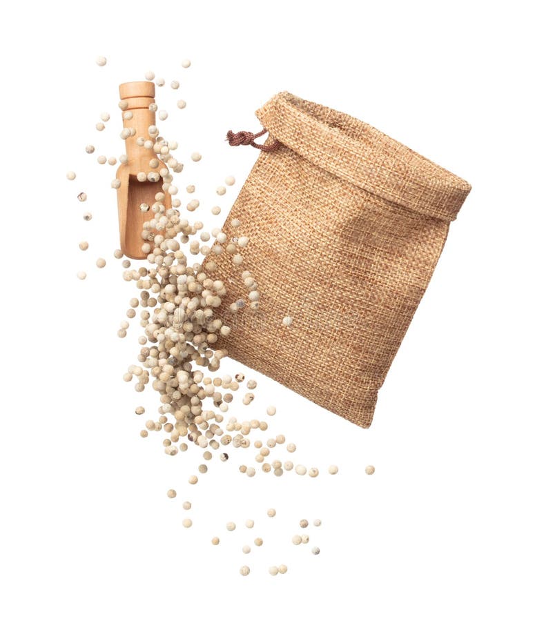 White Pepper Seeds Fall Down Pour in Sack Bag, White Pepper Float ...