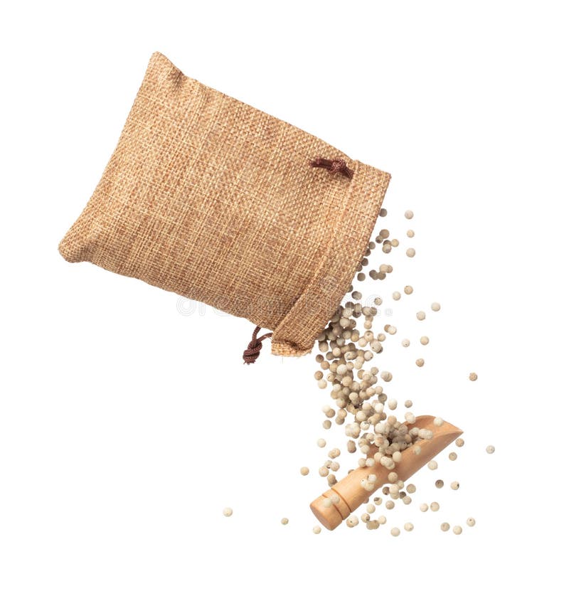White Pepper Seeds Fall Down Pour in Sack Bag, White Pepper Float ...