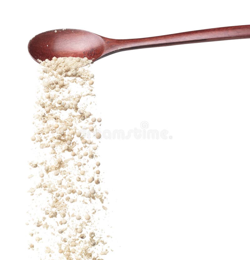 White Pepper Seeds Fall Down Pour in Wooden Spoon, White Pepper Mix ...