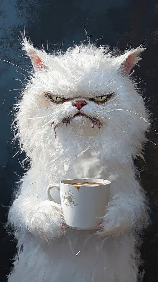 White Persian Cat with Messy Fur, with Grumpy Face, Holding Coffee Cup ...