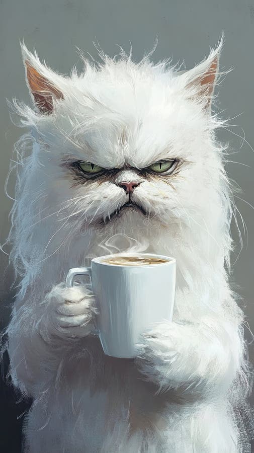 White Persian Cat with Messy Fur, with Grumpy Face, Holding Coffee Cup ...