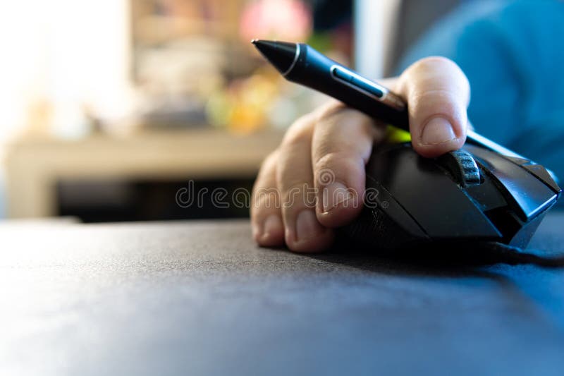 White Person with a Stylus in Hand Using a Mouse Stock Image - Image of ...