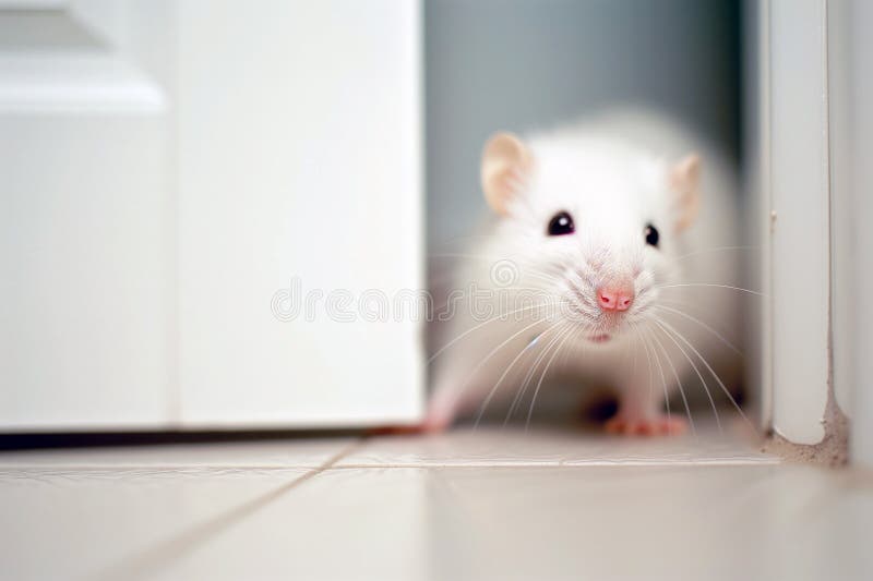A White Pet Rat Peeks Out from Behind a Door, Close Up Stock ...