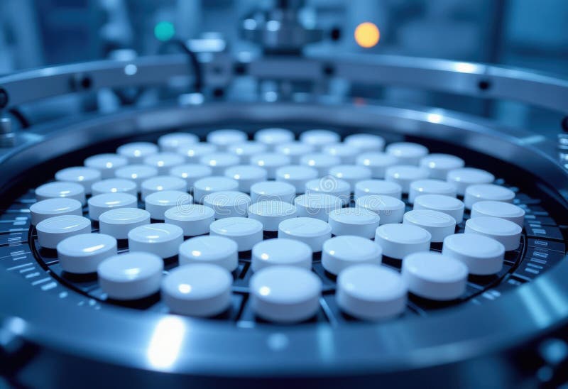 White Pharmaceutical Tablets Arranged in a Circular Tray for Production ...