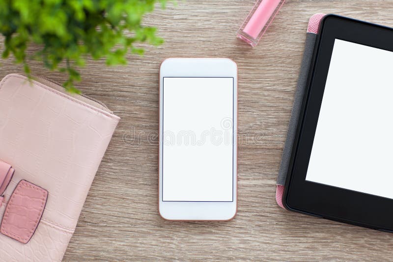 White Phone with Isolated Screen and E-rider on Women Table Stock Image ...