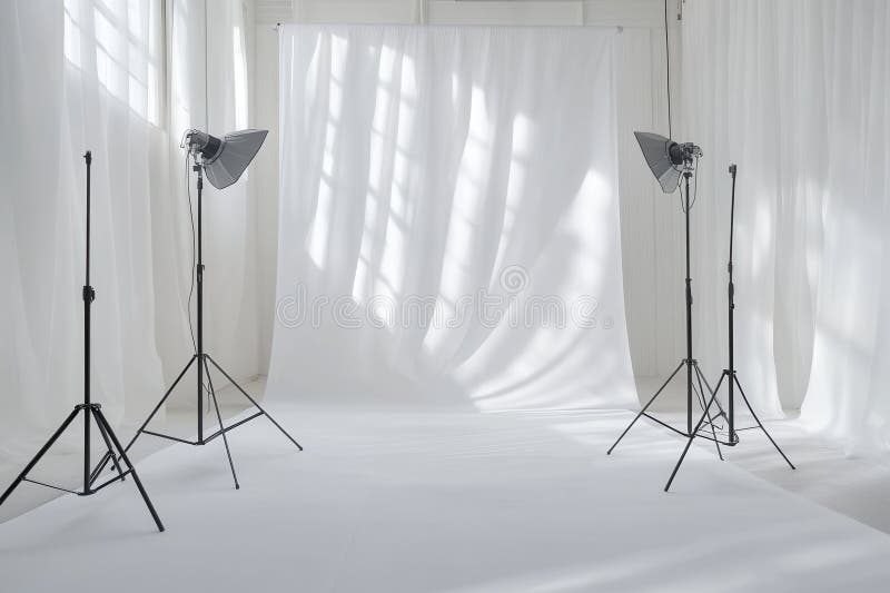 White Photography Studio Setup with Lighting Equipment Stock ...