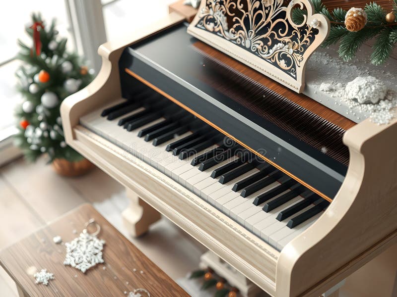 A White Piano with a Black Keyboard Sits in Front of a Christmas Tree ...
