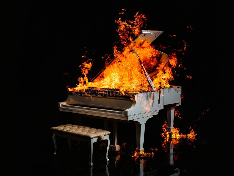 A White Piano on Fire with a Bench in Front of it Stock Photo - Image ...