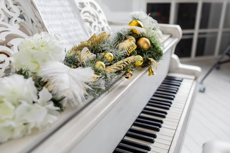 White Piano in White Room. Play Music. Stock Image - Image of fireplace ...