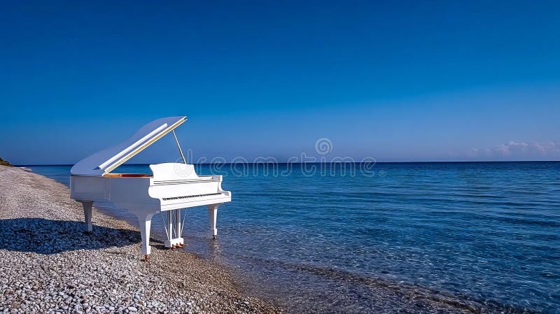 A White Piano Sitting on Top of a Beach Next To the Ocean Stock Photo ...