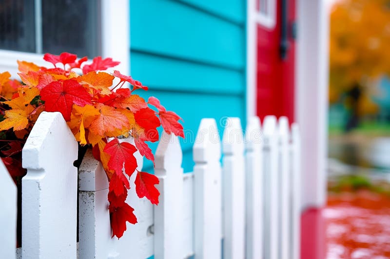 A White Picket Fence with Colorful Leaves on it Stock Photo - Image of ...