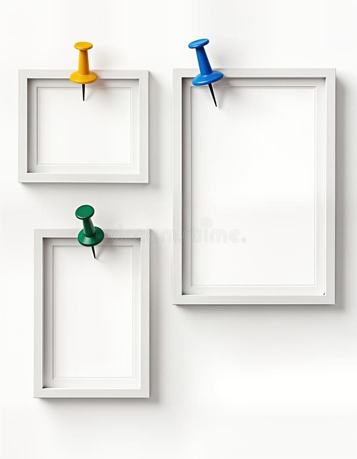 White Picture Frames with Colorful Pushpins. Empty Frames on White ...