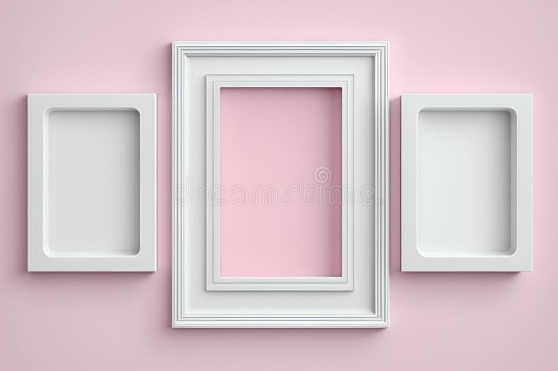 White Picture Frames on Pink Wall. 3d Render Illustration Mockup Stock ...