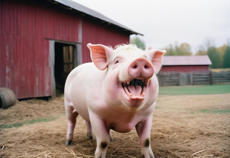 A White Pig Yelling in the Back Yard of a Barn Stock Illustration ...