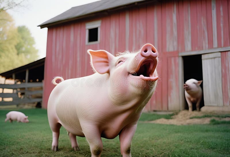 A White Pig Yelling in the Back Yard of a Barn Stock Illustration ...