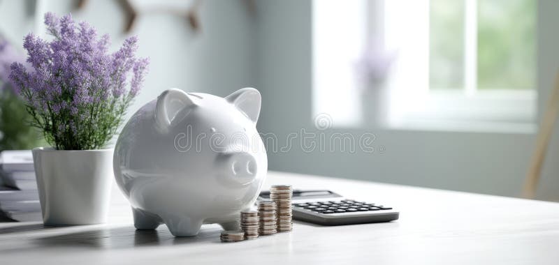 The White Piggy Bank on a Modern Workspace with Coins and a Calculator ...
