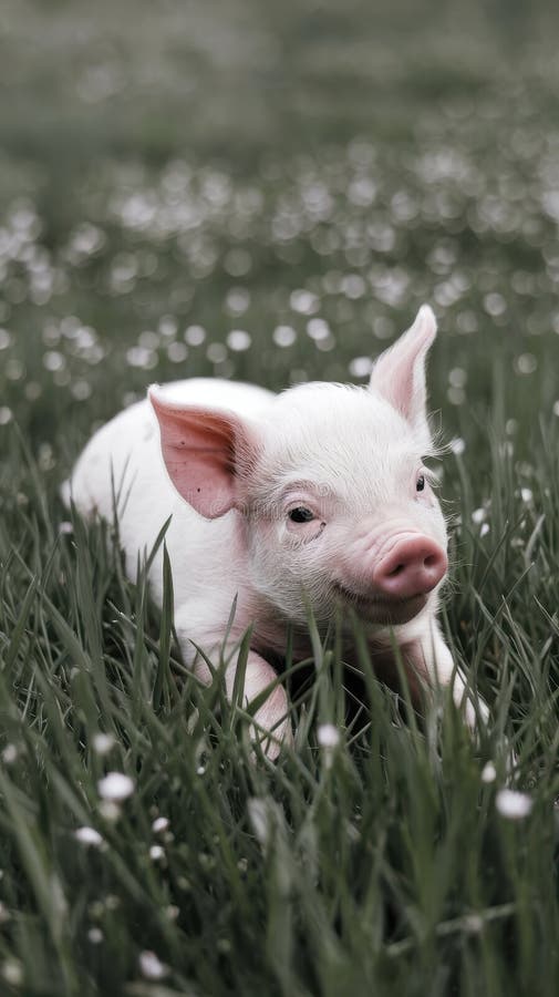 White Piglet Resting in Fresh Grass, Snout Facing Camera Stock ...