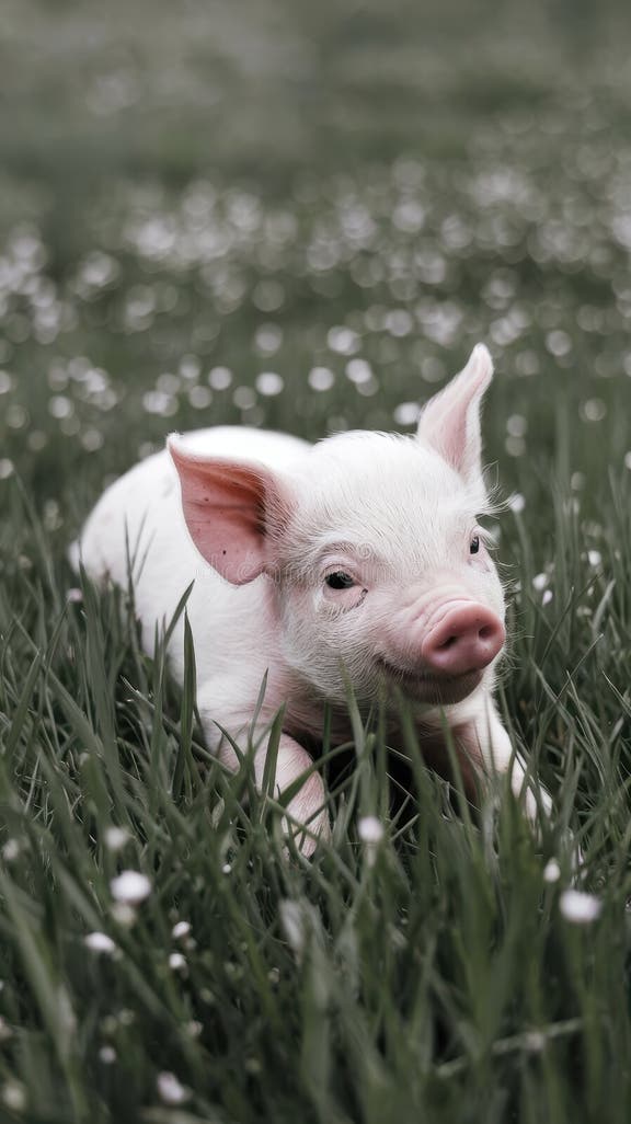 White Piglet Resting in Fresh Grass, Snout Facing Camera Stock ...