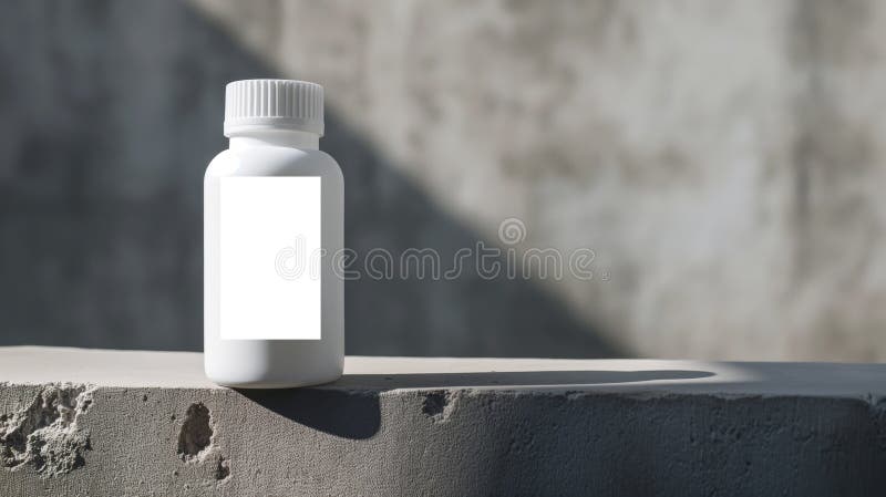 White Pill Bottle with a Blank Label Placed on a Rough Concrete Surface ...