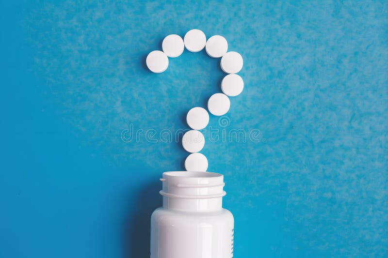 White Pill Bottle and Tablets Arranged in Question Mark Shape on Blue ...