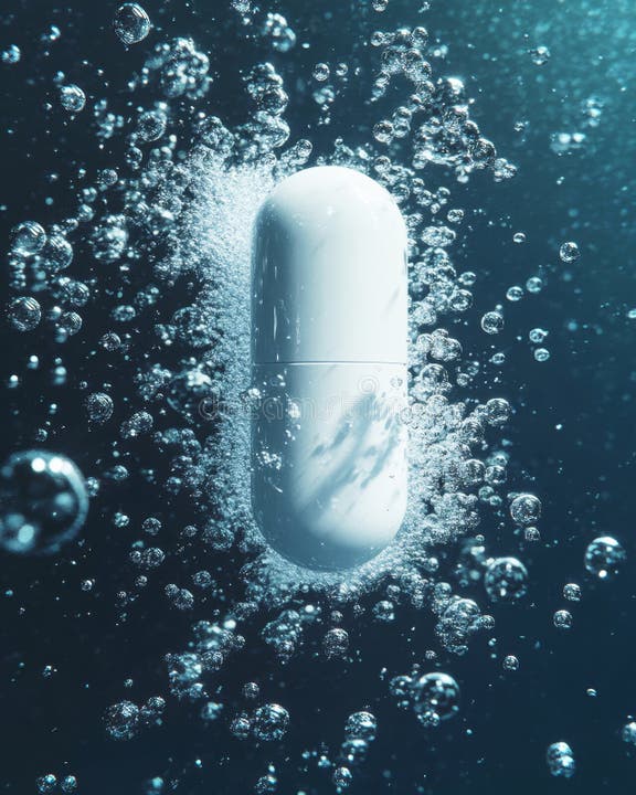 White Pill Dissolving in Water with Expanding Microbubbles in a Dark ...