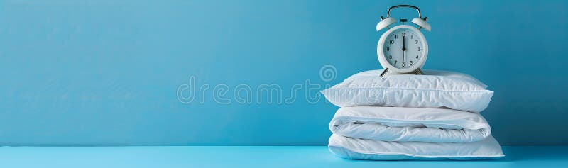 White Pillows Stacked with Alarm Clock on Blue Background Stock ...