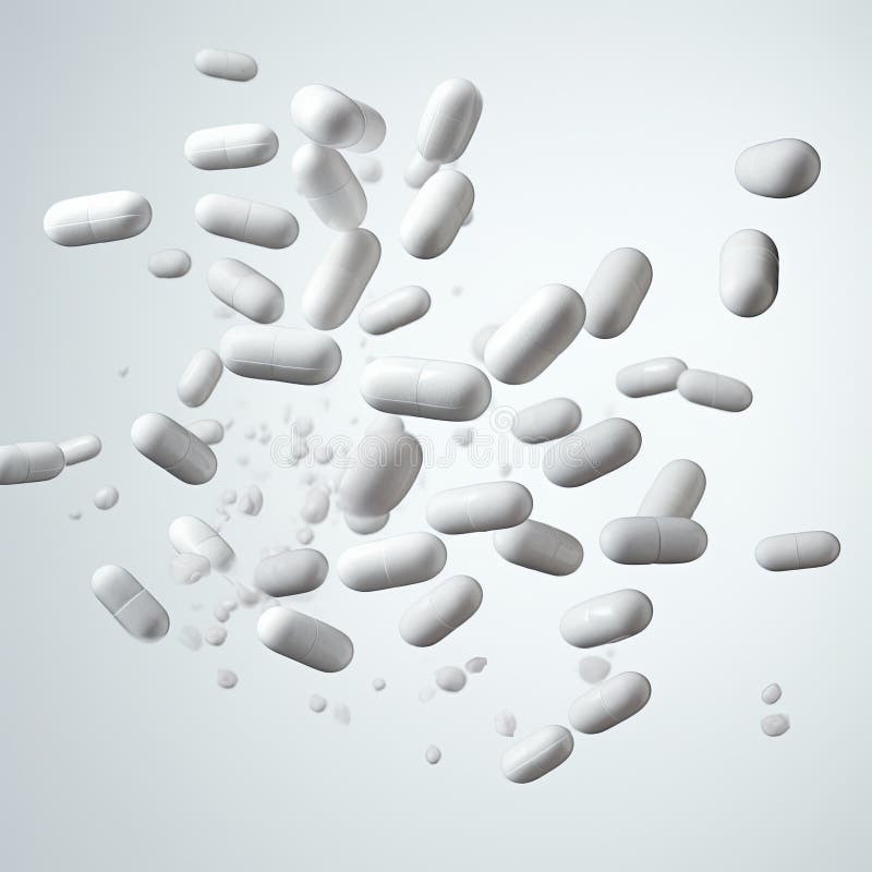 White Pills and Capsules Falling on White Surface with Various Shapes ...