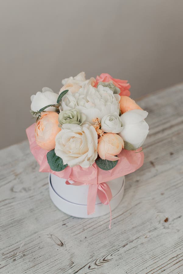 White and Pink Flowers in a Gift Box. Decorative Flowers Stock Image ...