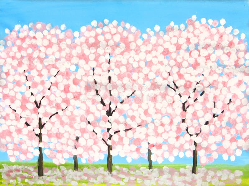 White-pink Spring Trees 2 Acrylic Painting on Canvas Stock Illustration ...