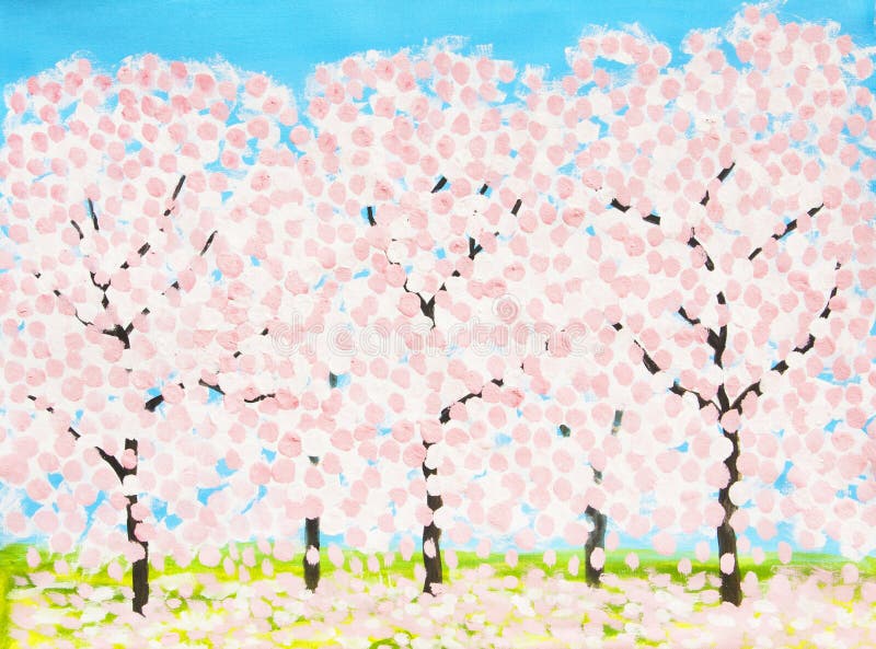 White-pink Spring Trees 3 Acrylic Painting on Canvas Stock Illustration ...