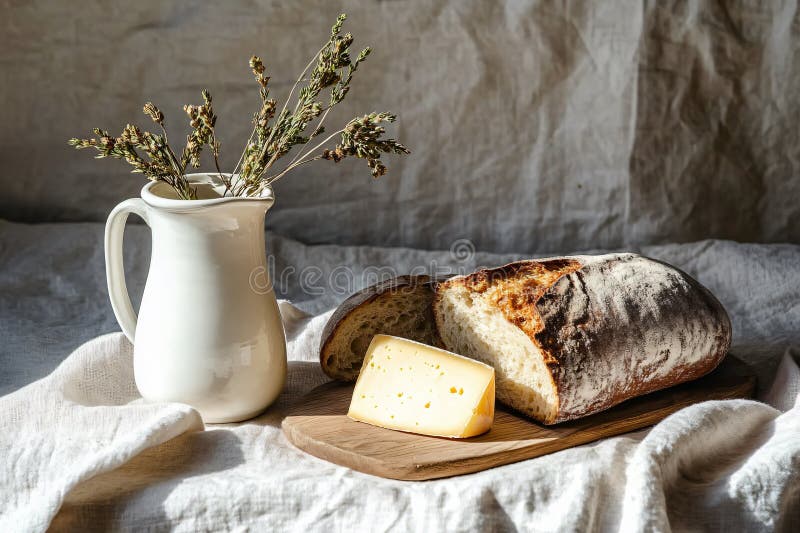 A White Pitcher with Flowers in it Sits Next To a Piece of Bread Stock ...