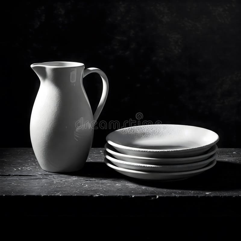 White Pitcher and Stacked Plates on a Dark Surface Stock Illustration ...