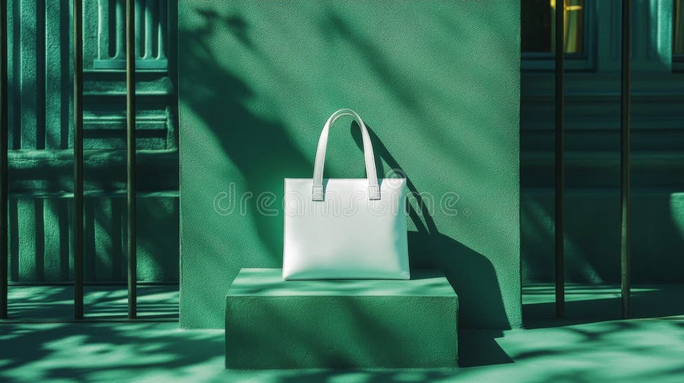 White Pixelated Bag on Green Block with Geometric Facade in Sunlight ...