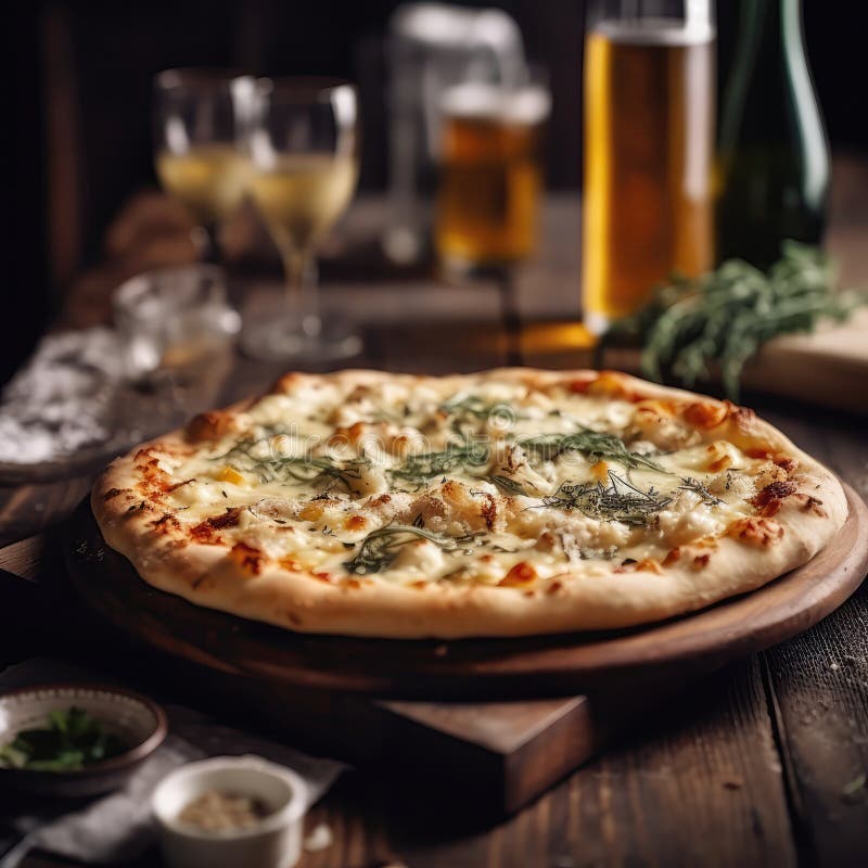White Pizza on Stone in Rustic Pub. Generative AI Stock Illustration ...